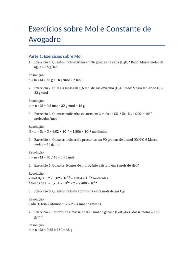 Exercicios Mol Constante de Avogadro | PDF | Mol (unidade) | Química