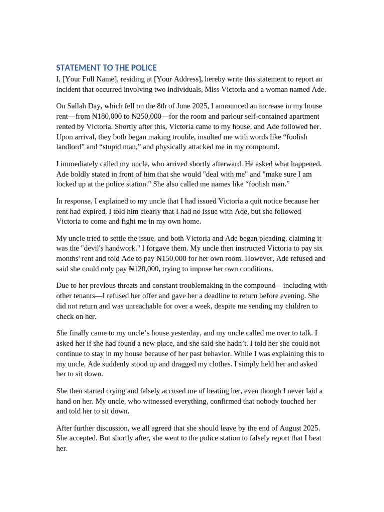 Police Statement Landlord Ade Victoria | PDF