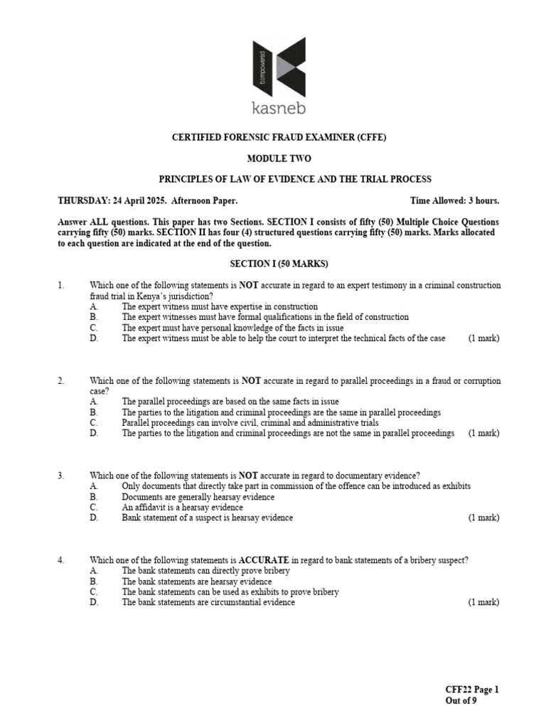 Principles of Law of Evidence and The Trial Process Past Papers | PDF ...