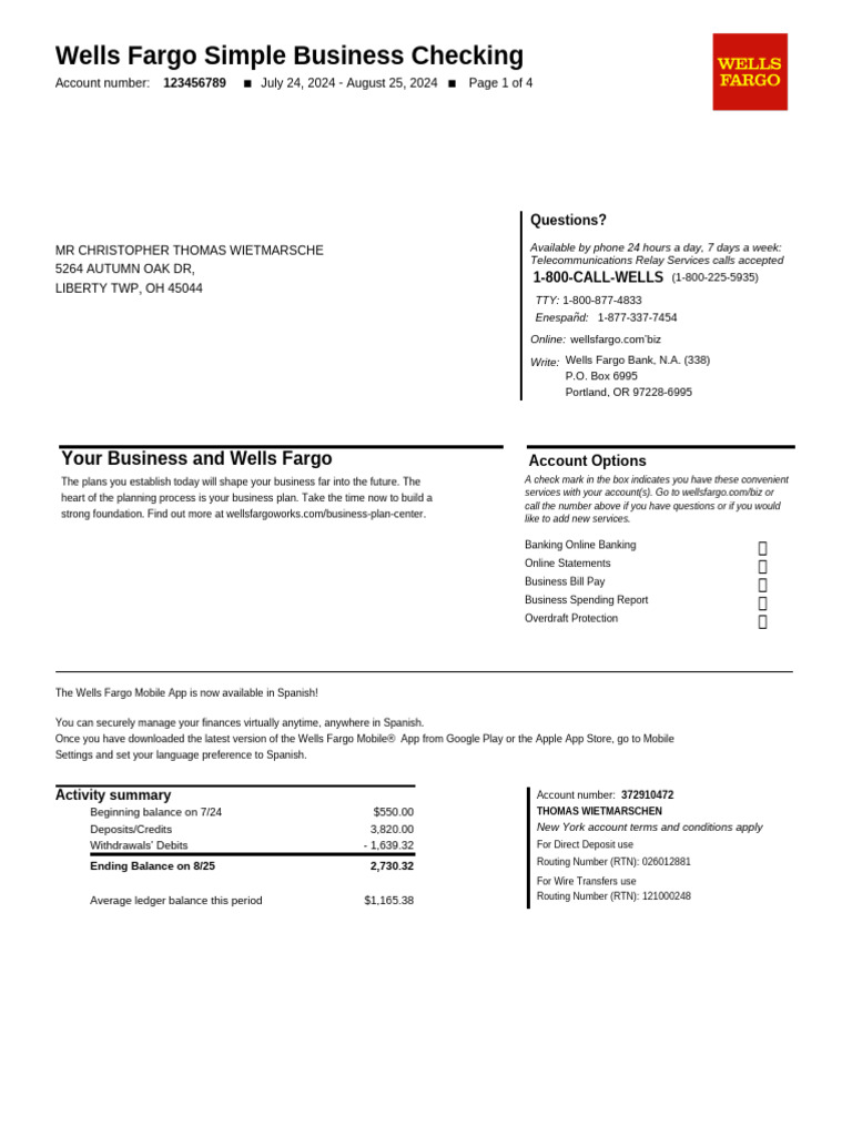 Wells Fargo Business Checking Summary 2024 | PDF | Fee | Overdraft