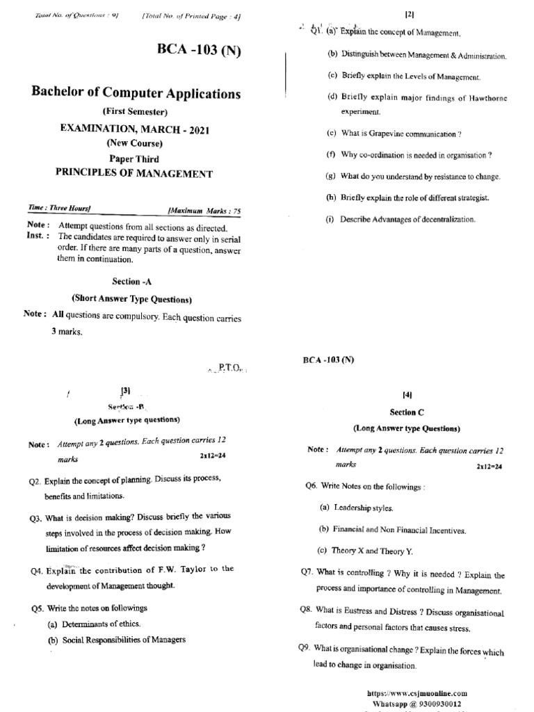 Bca 1 Sem Principles of Management Bca 103 N Mar 2021 | PDF