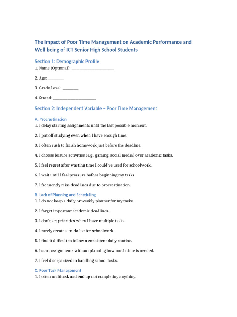 Time Management Questionnaire | PDF | Time Management | Professional Skills