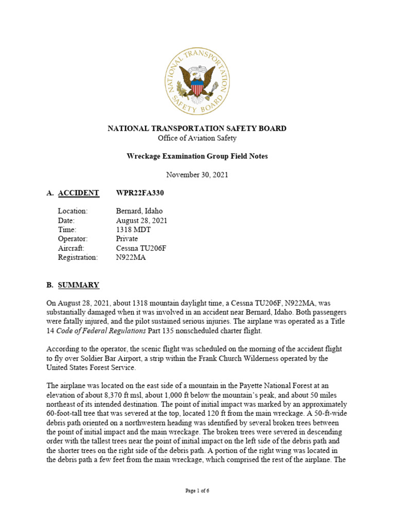 NTSB Wreckage Examination Report WPR22FA330, regarding Aircraft N922MA | PDF | Ignition System ...