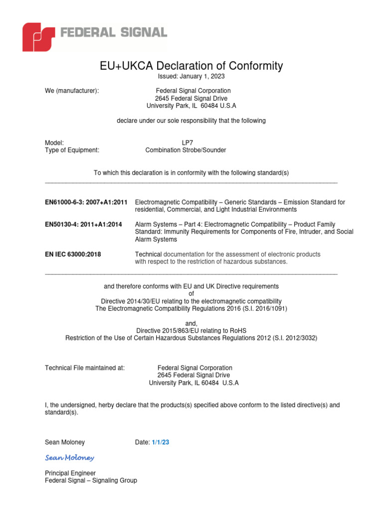 CE Declaration of Conformity LP7 | PDF