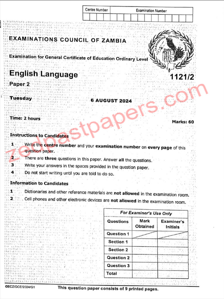 Watermarked - English Paper 2 2024 GCE G12 | PDF