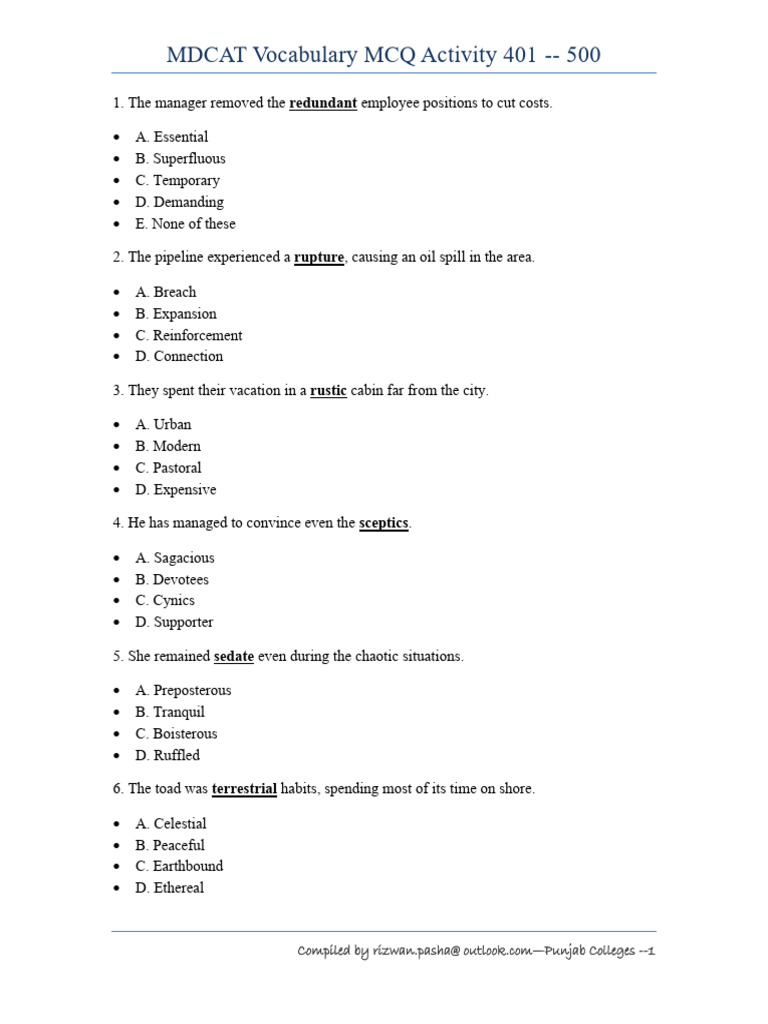 Vocabulary MCQ Activity Ok | PDF