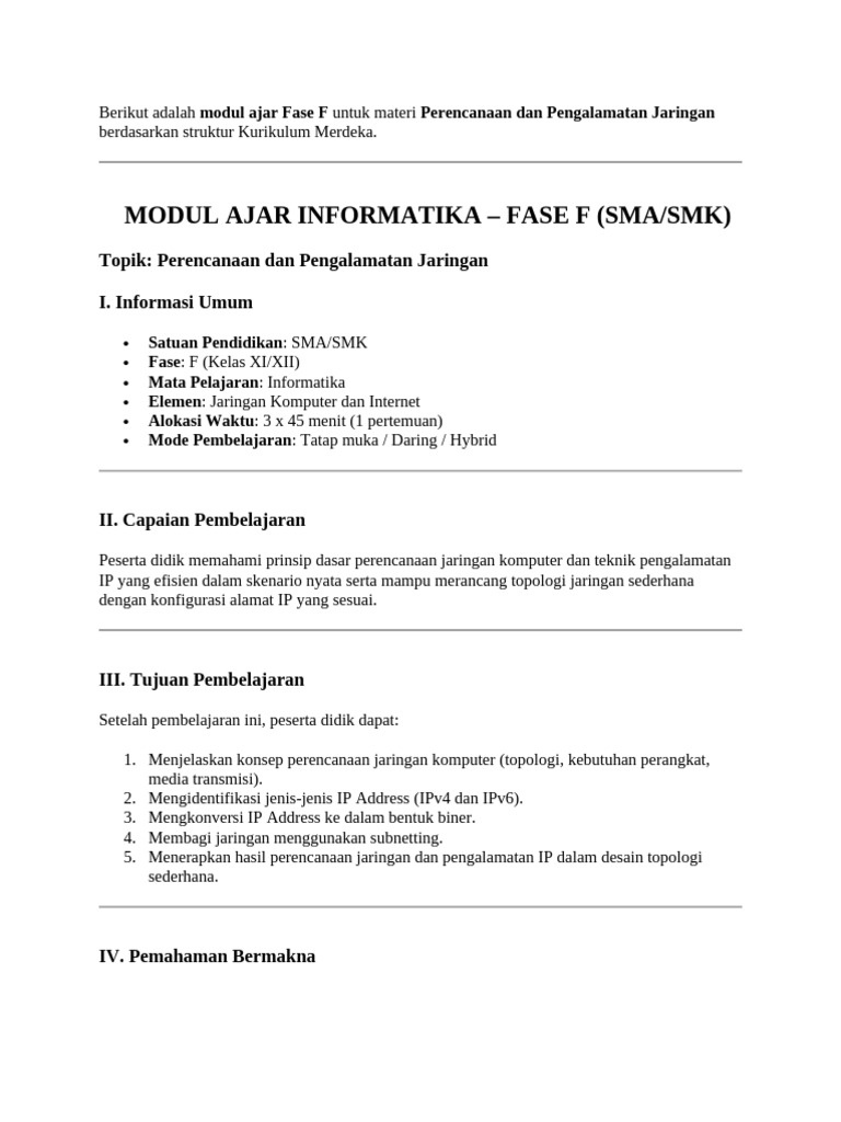 3 Berikut Adalah Modul Ajar Fase F Untuk Materi Perencanaan Dan ...