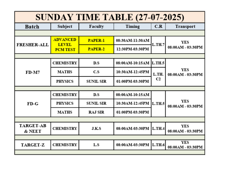 Sunday Time Table 27-07-2025 | PDF