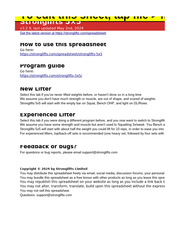 StrongLifts 5x5 Workout Spreadsheet | PDF | Athletic Sports ...