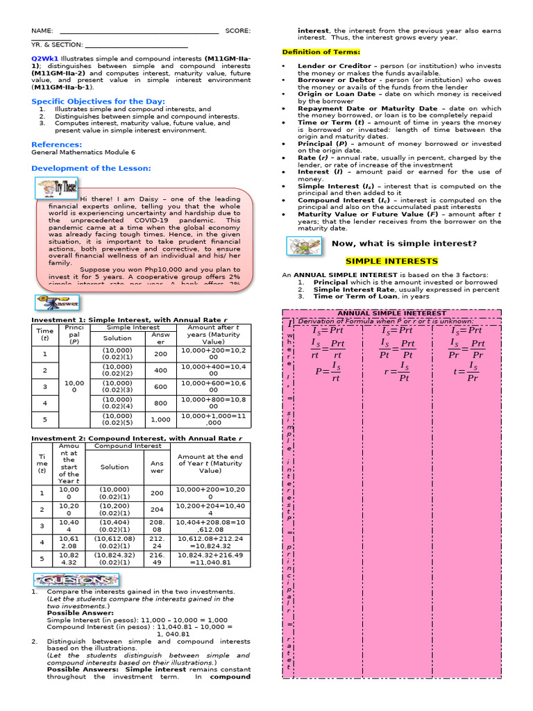 N Math Quarter 2 Week 1 1st SLA | PDF | Interest | Debt