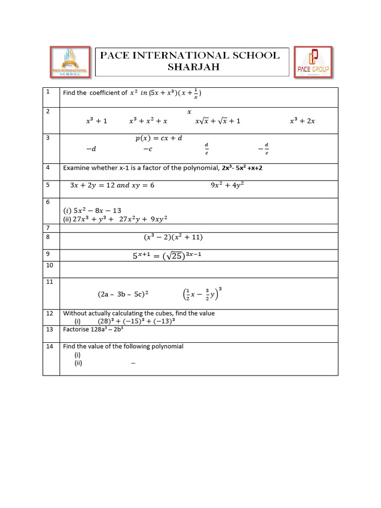 GR 9 Polynomials Revision Worksheet | PDF