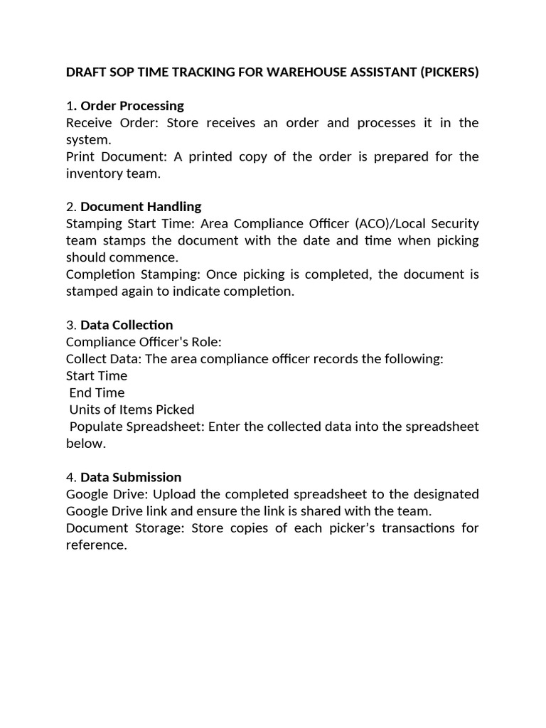 Draft Sop Time Tracking For Warehouse Assistants | PDF