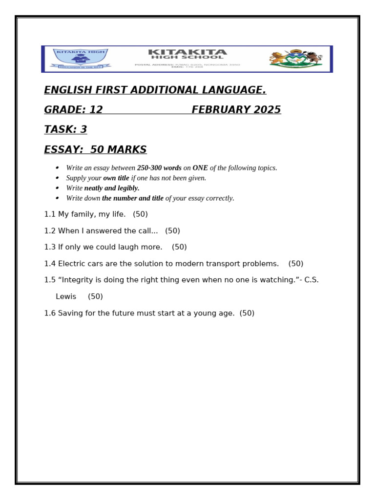 Grade 12 English Essay Topics 2025 | PDF