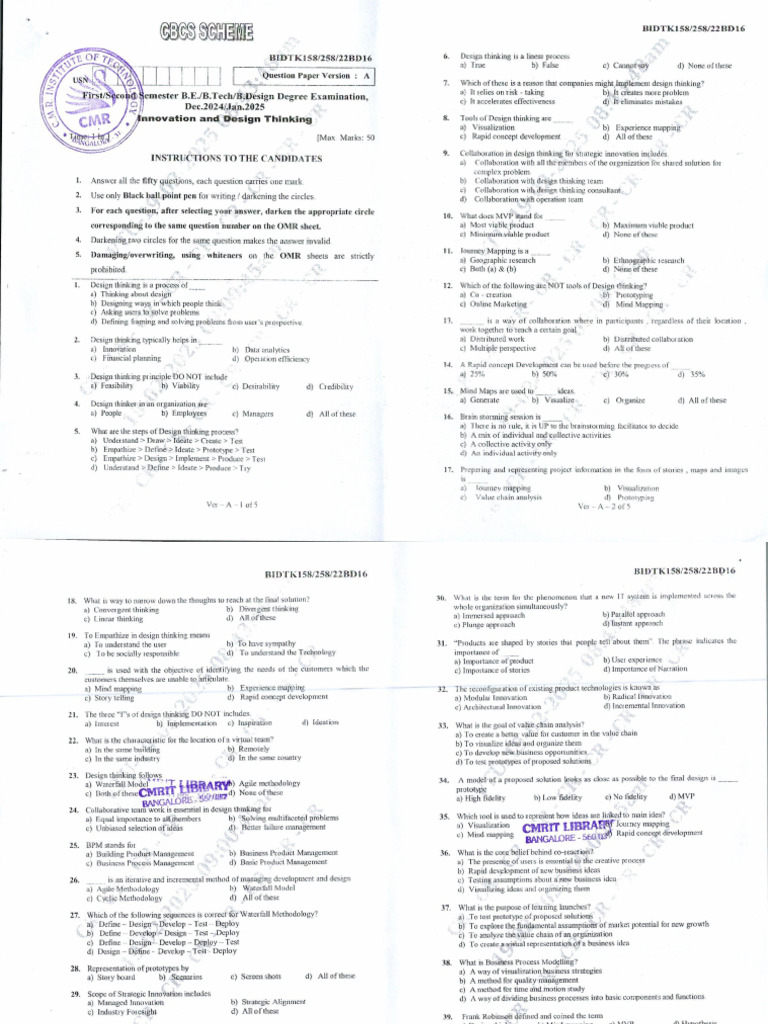 VTU Question Paper of BIDTK158 Innovation and Design Thinking Dec-2024 ...
