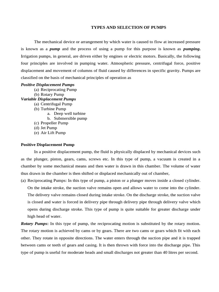 Types And Selection Of Pumps Guide Pdf Pump Chemical Engineering