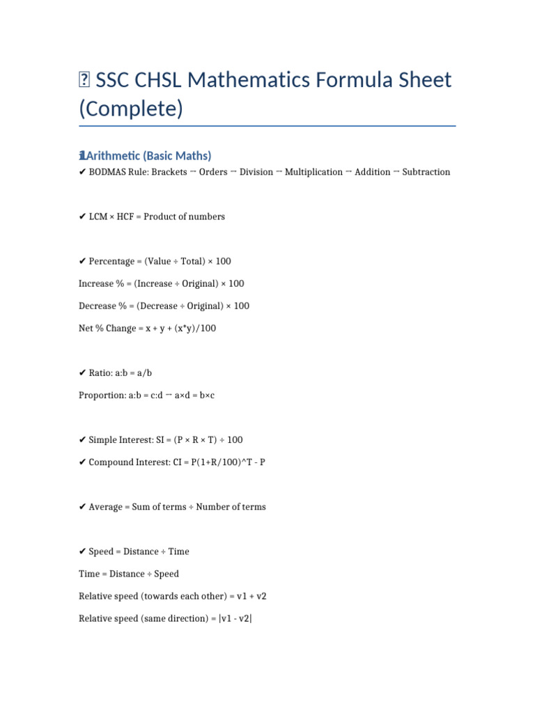 SSC CHSL Maths Formula Sheet | PDF | Area | Geometry