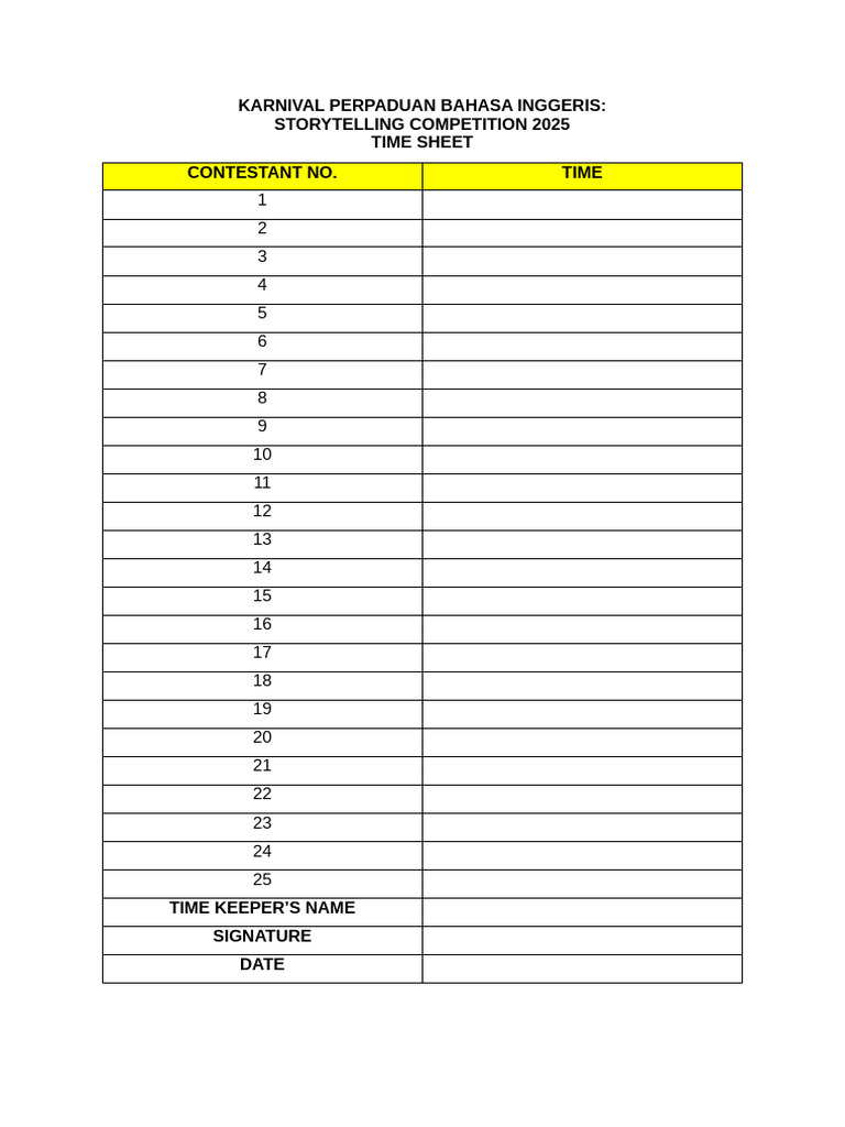 Borang Time Keeper Dan Result Slip Karnival Perpaduan Bahasa Inggeris | PDF
