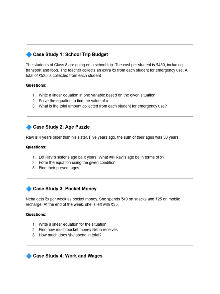 Class 8 Linear Equations Case Studies | PDF