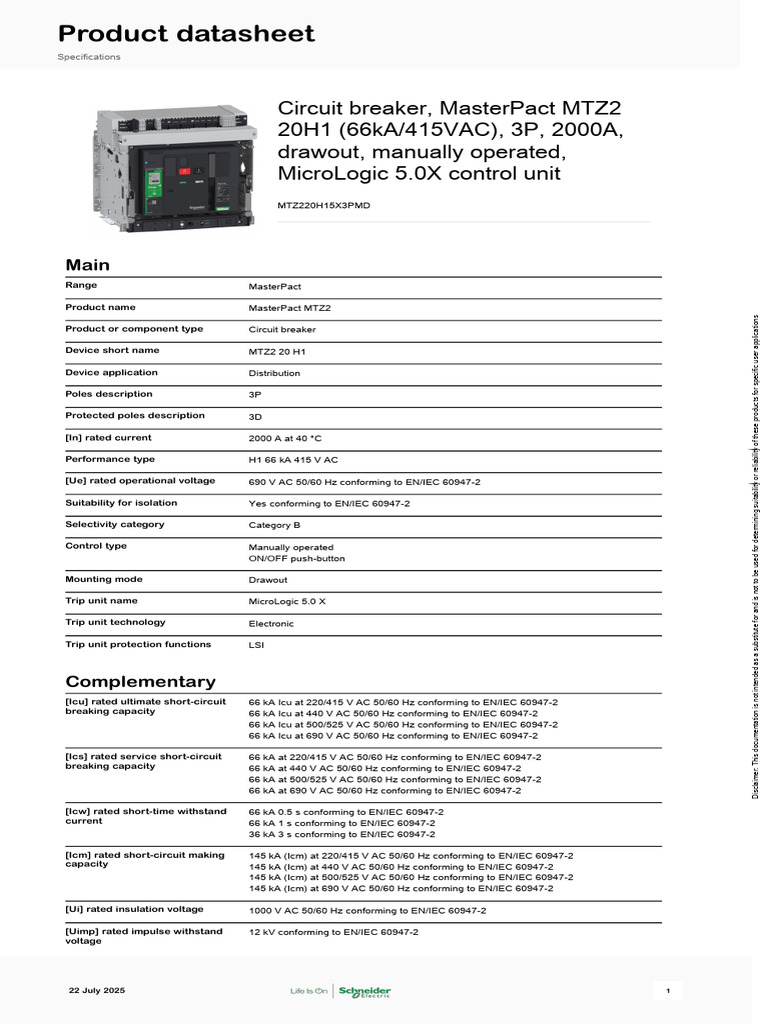 MasterPact MTZ2 20H1 Circuit Breaker | PDF | Alternating Current | Ac Power