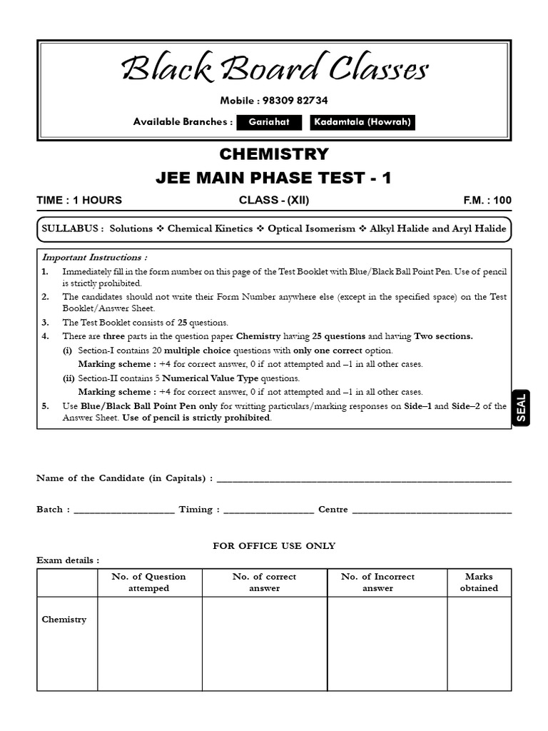 JEE Phase Test - 1 - XII - (Solutions Chemical Kinetics Optical ...