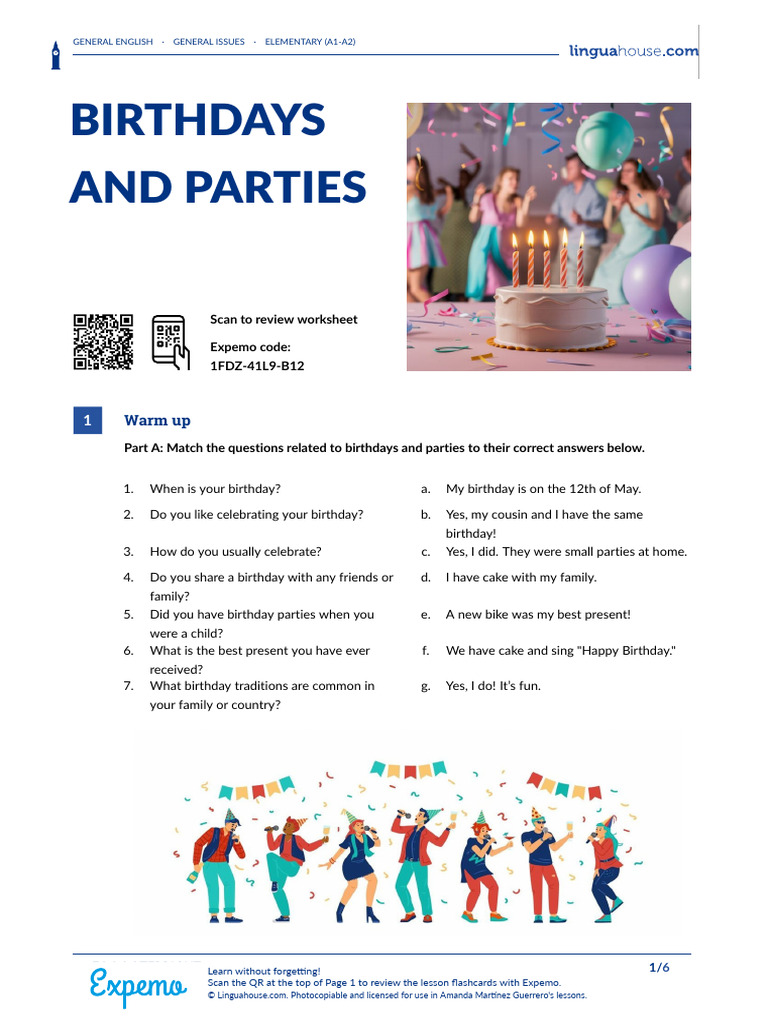 Birthday Party Vocabulary and Activities | PDF | Linguistics | Human ...