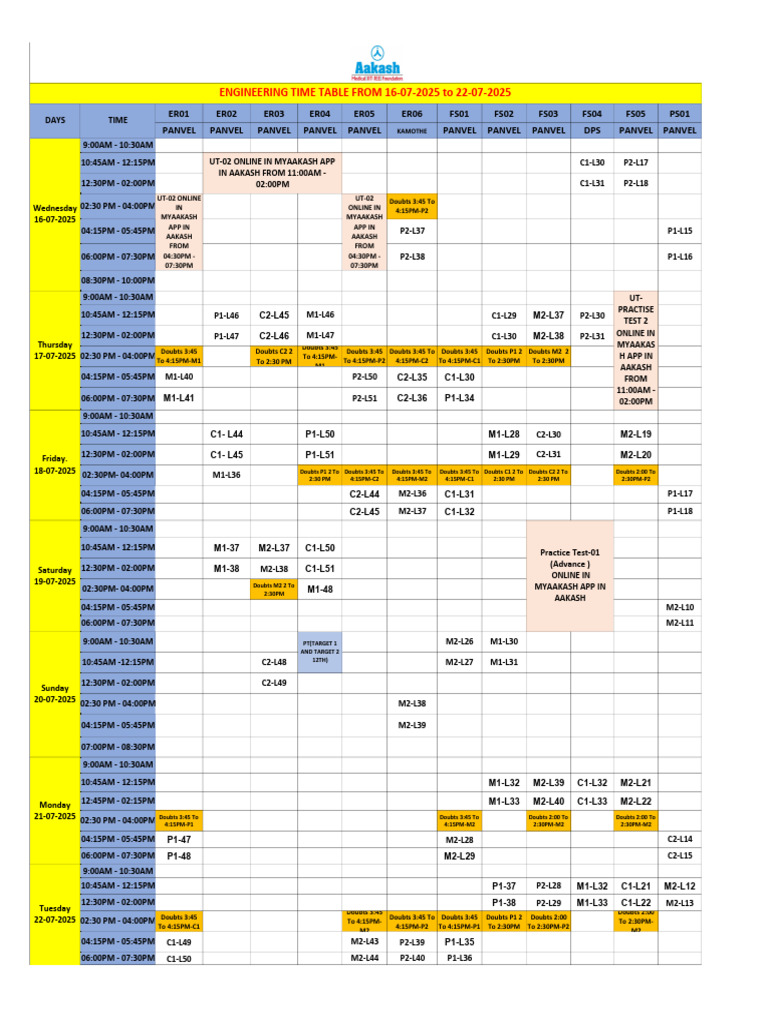 Engineering Time Table - 16th-July To 22nd-July-2025 | PDF
