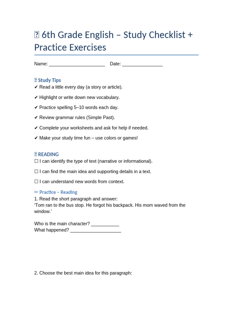 6th Grade English Checklist and Practice | PDF