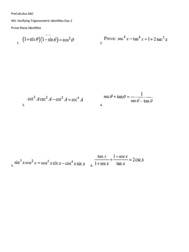 WS Day 2 Verifying Trig Identities | PDF