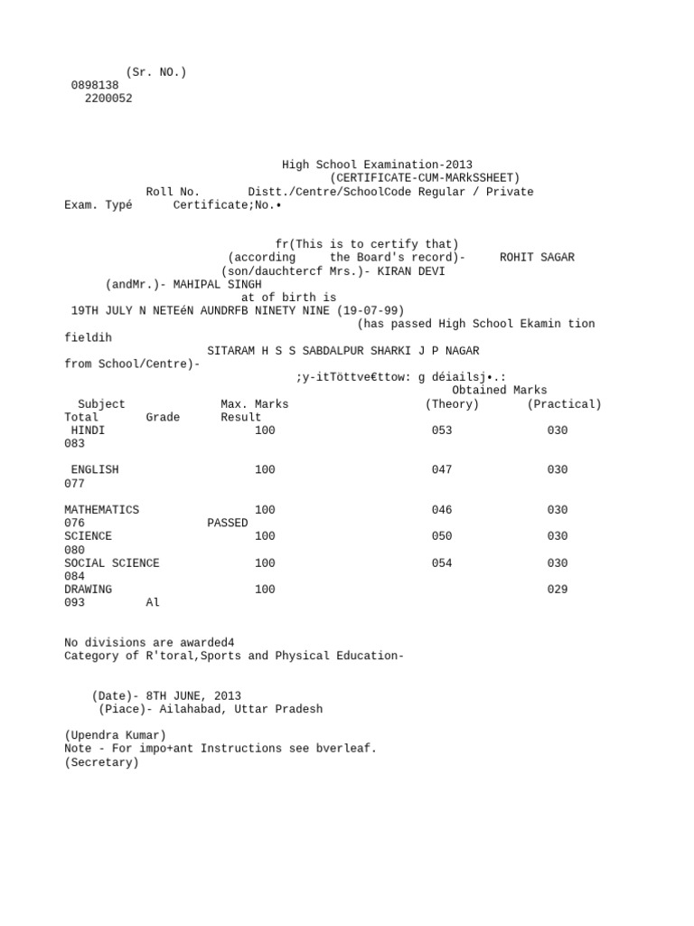 High School 10th Marksheet Rohit Sagar | PDF