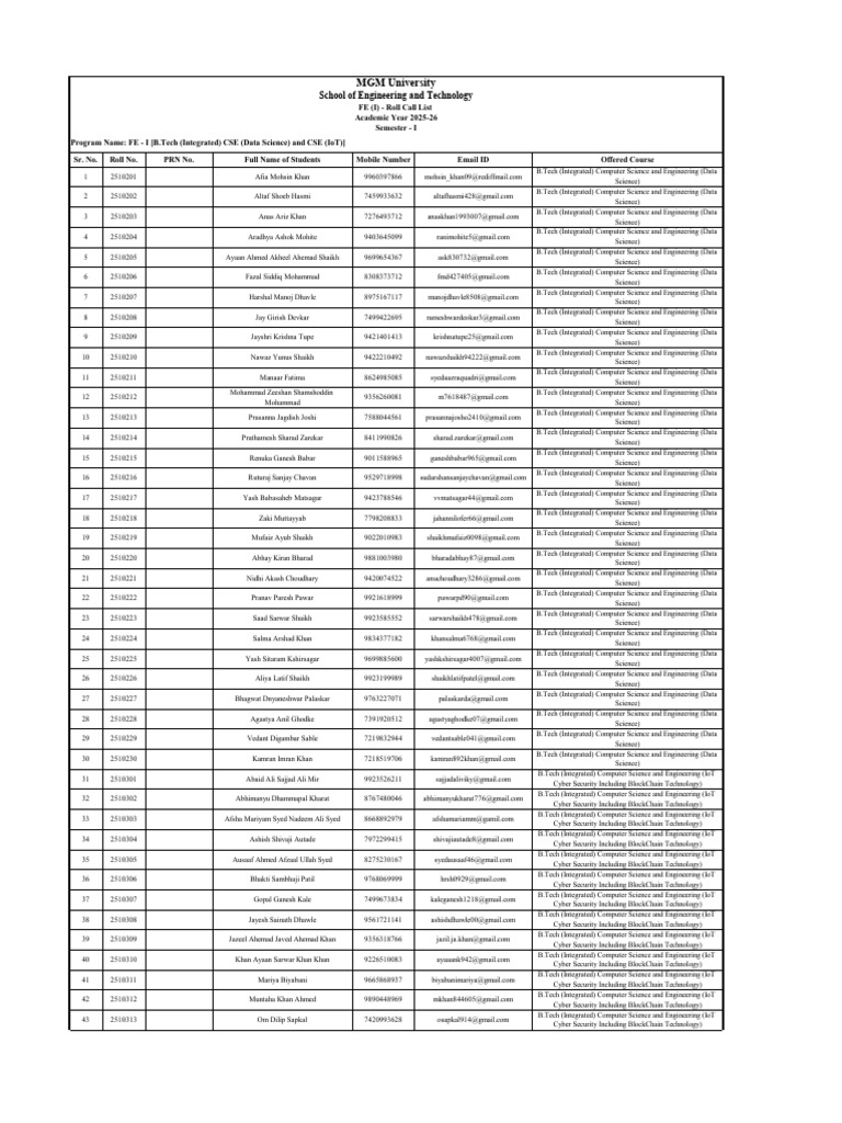 Roll Call List 2025-2026 (30-07-2025) | PDF | Computer Engineering ...