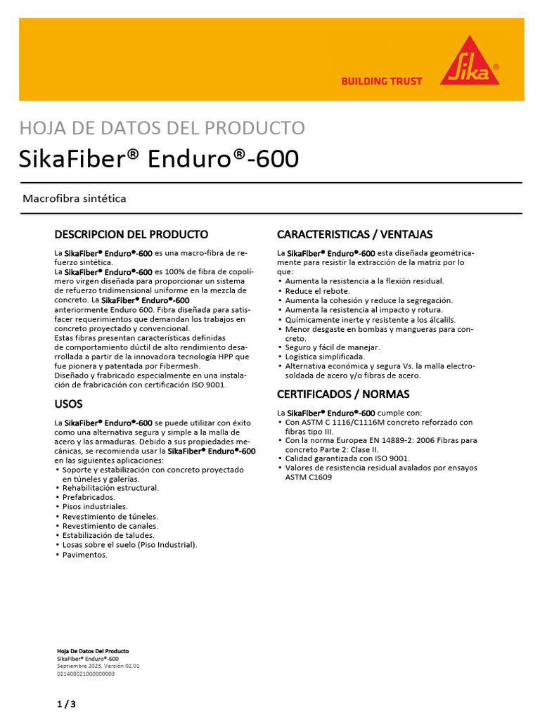Sikafiber Enduro 600 | PDF | Hormigón | Acero