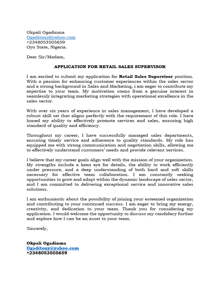 Application For Retail Sales Supervisor (Okpali Ogadinma) | PDF