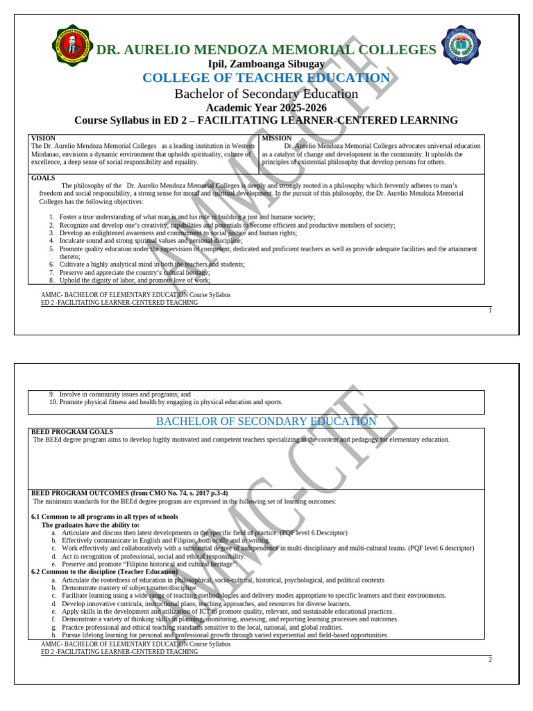 Obe-Course-Syllabus-Bsed Em-Facilitating Learner-Centered Teaching ...