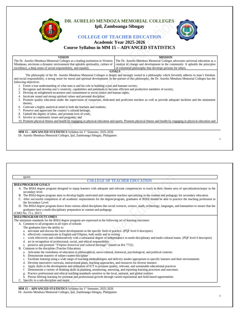 Advanced Statistics Syllabus 2025-2026 | PDF | Learning | Statistics