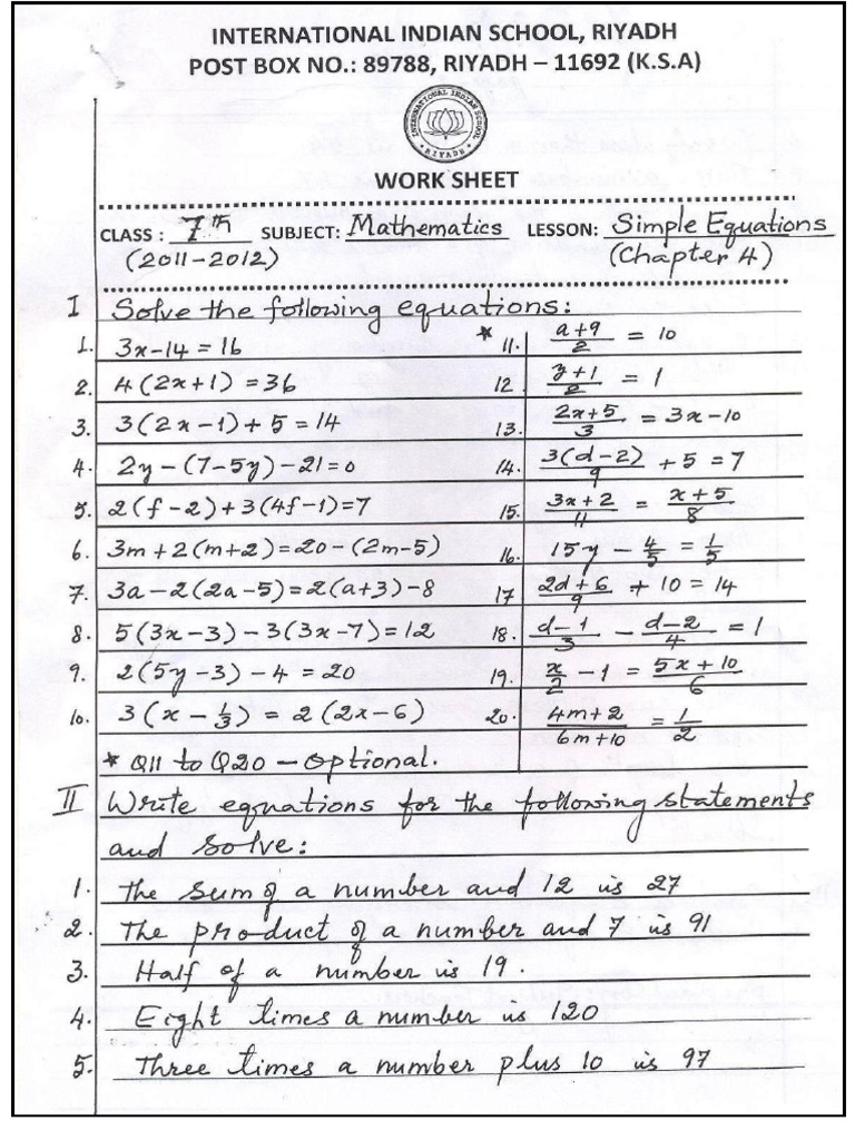 CBSE Clas 7 Maths Worksheet - Simple Equations | PDF