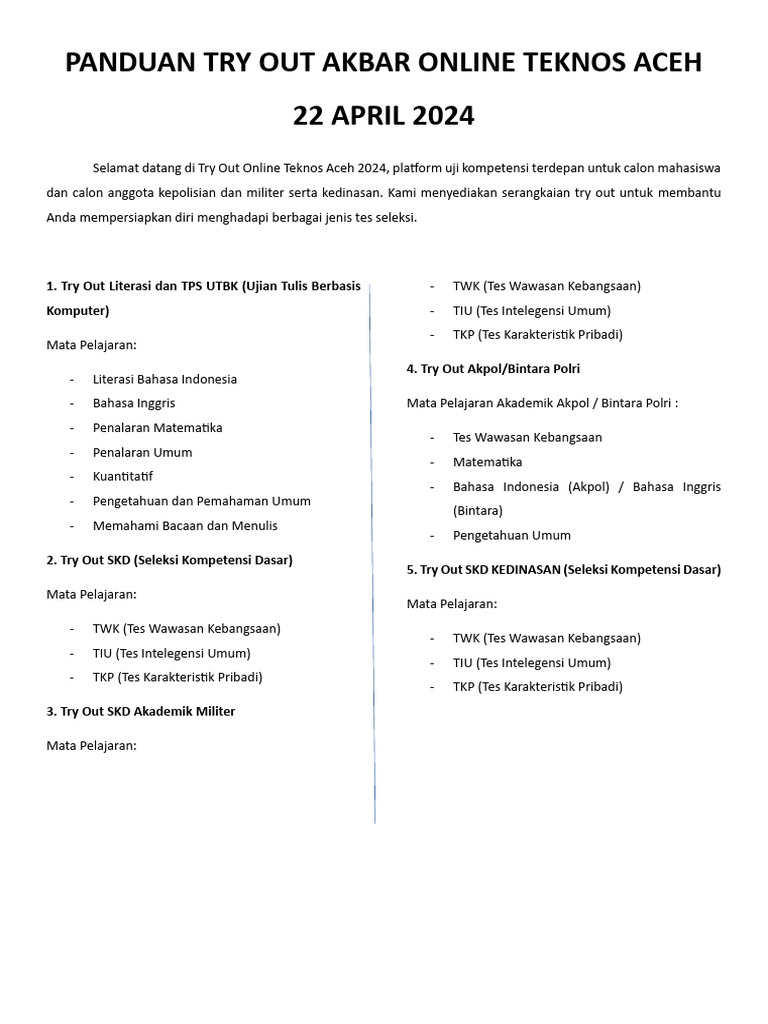 Panduan Try Out Online Teknos Aceh 2024 | PDF