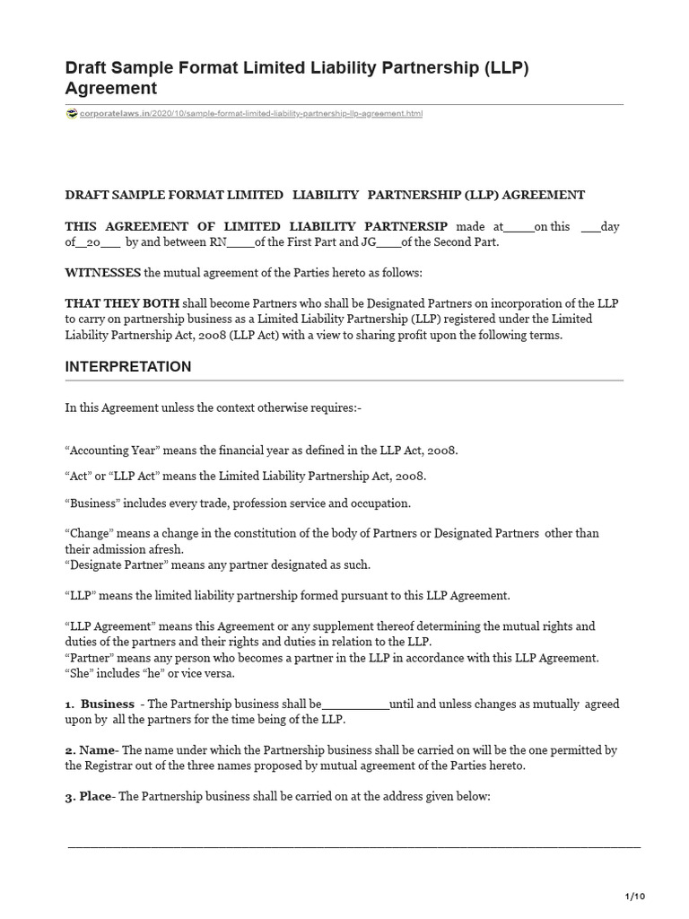 LLP Agreement Draft Sample Format | PDF | Limited Liability Partnership ...