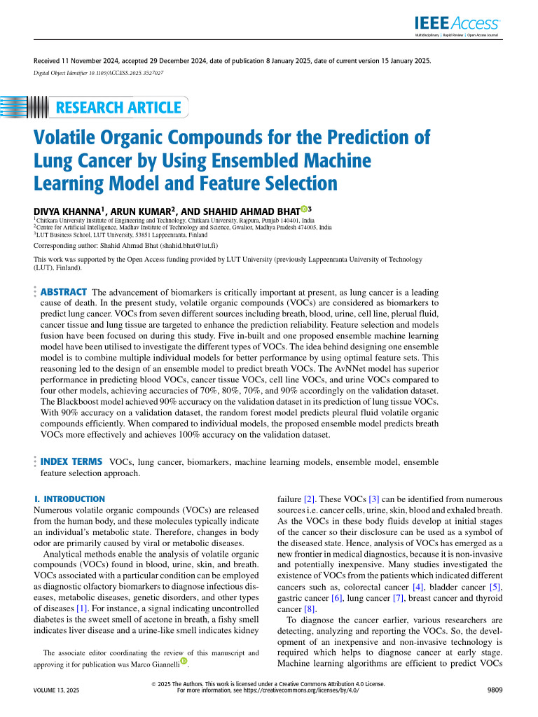 Volatile Organic Compounds For The Prediction of Lung Cancer by Using ...