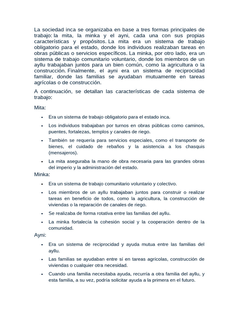 La Sociedad Inca Se Organizaba en Base A Tres Formas Principales de ...