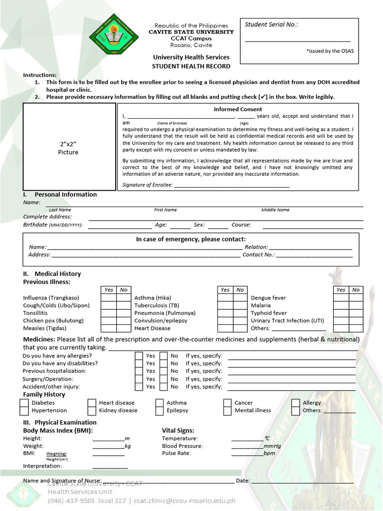 University Health Services Student Health Record | PDF | Physical ...