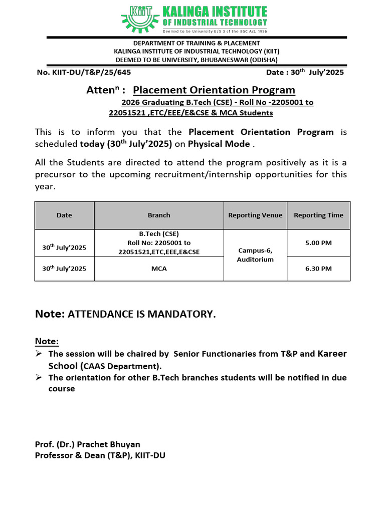 KIIT Placement Orientation Program 2026 | PDF