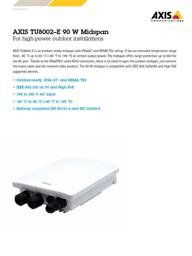 #12 Datasheet Axis Tu8002-E 90 W Midspan en US 376154 | PDF | Alternating Current | Electric Power