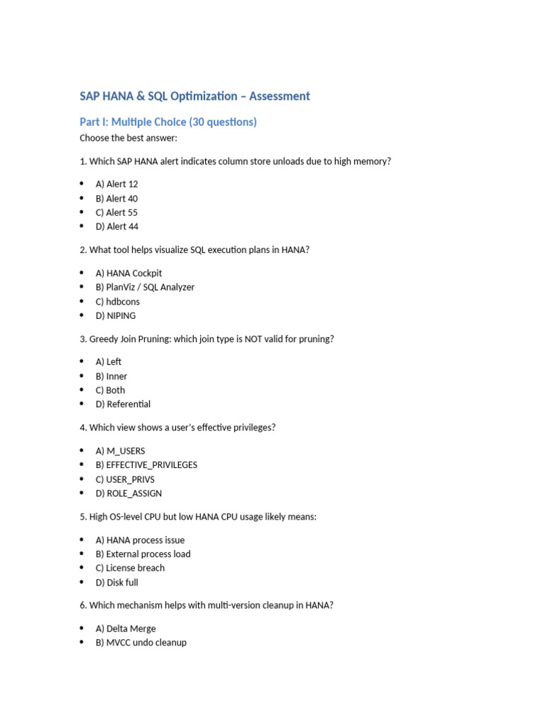 SAP HANA SQL Optimization Assessment | PDF | Software | Computer Architecture