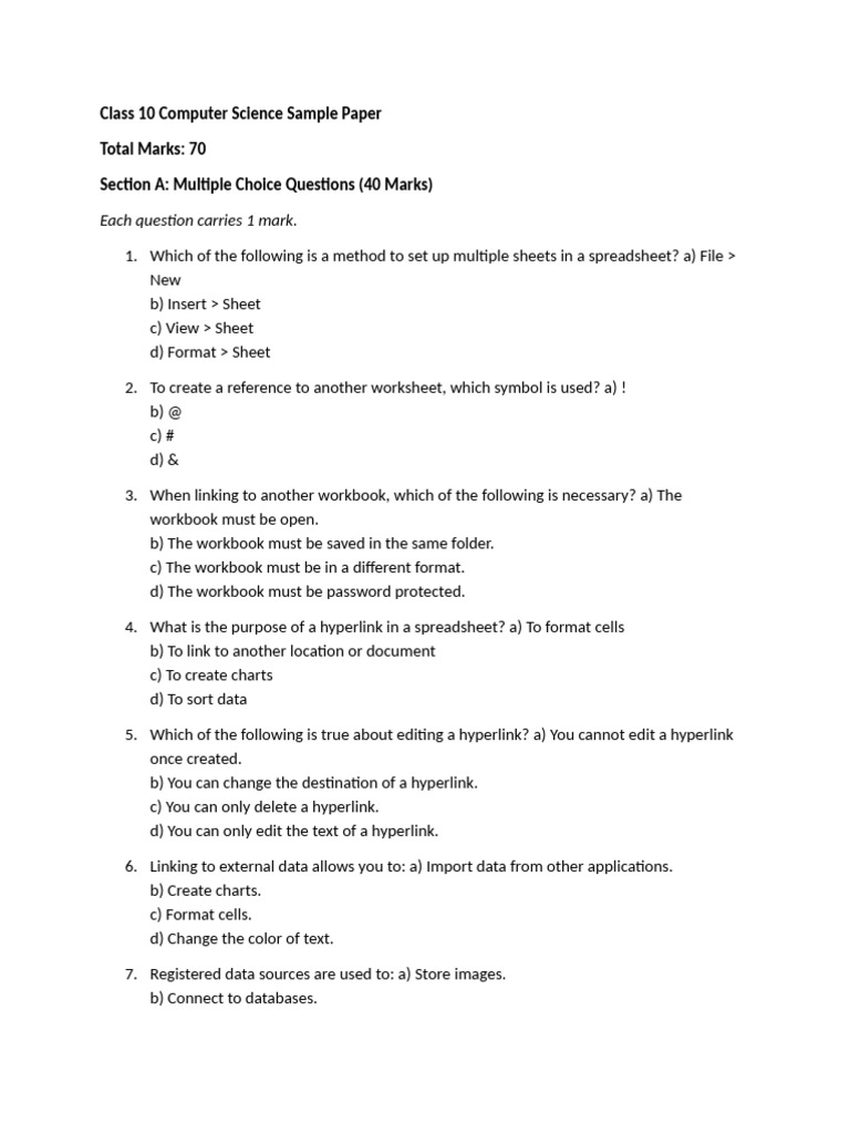 Class 10 Computer Science Sample Paper - MULTIPLE SHEETS | PDF ...