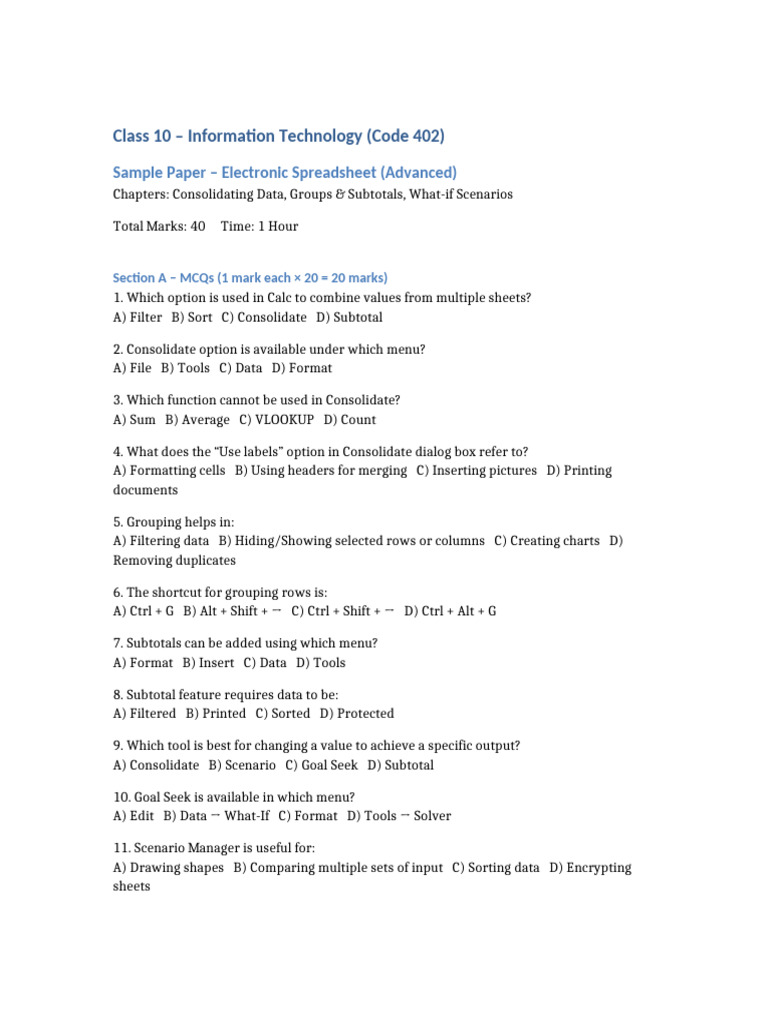Class 10 IT Sample Paper: Excel Tools | PDF | Function (Mathematics ...