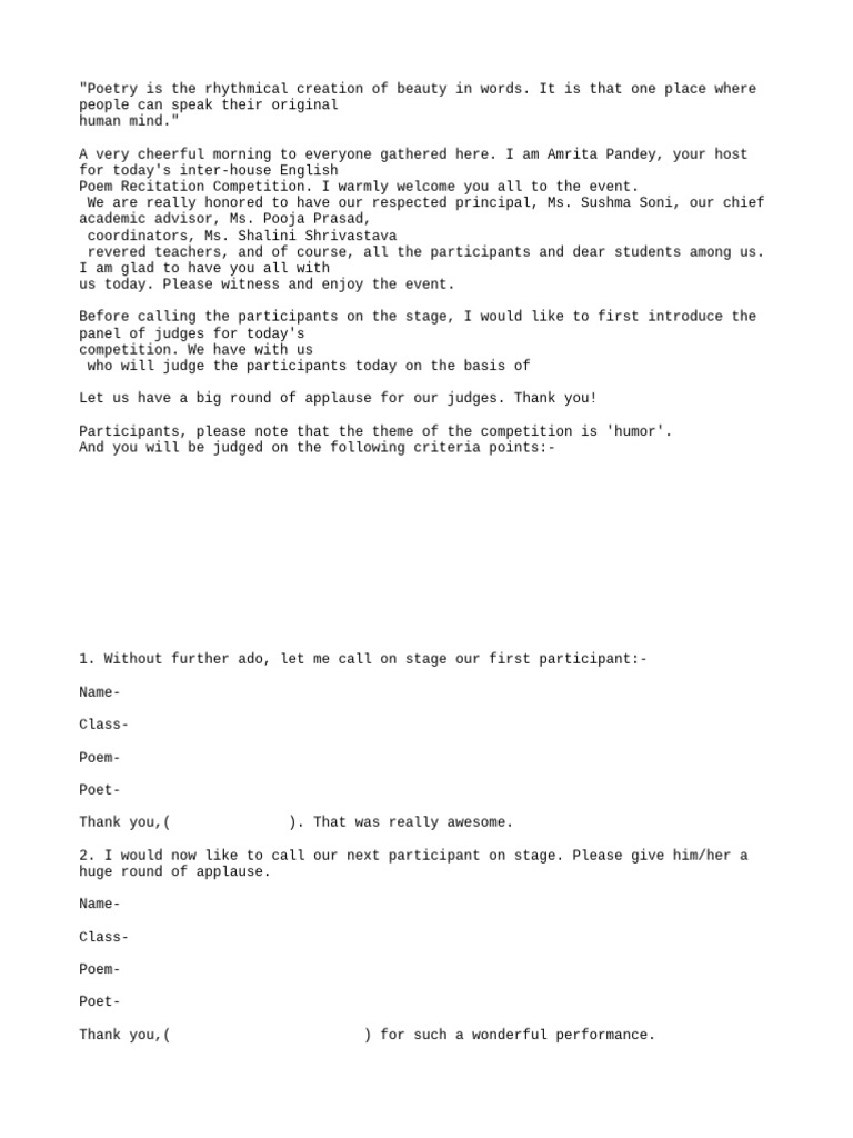 Anchoring Script For Inter House Reading Competition. | PDF