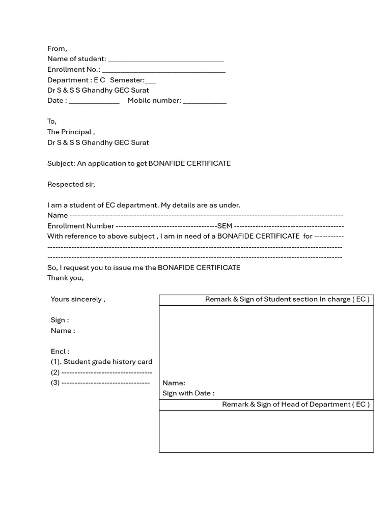 Bonafide Certificate Application Template | PDF