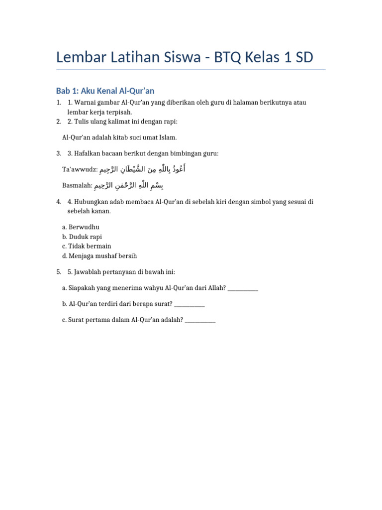 Lembar Latihan Siswa BTQ Kelas1 Bab1 | PDF
