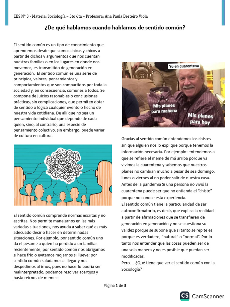TP Sentido Comun Sociologia | PDF | Pensamiento | Sentido común