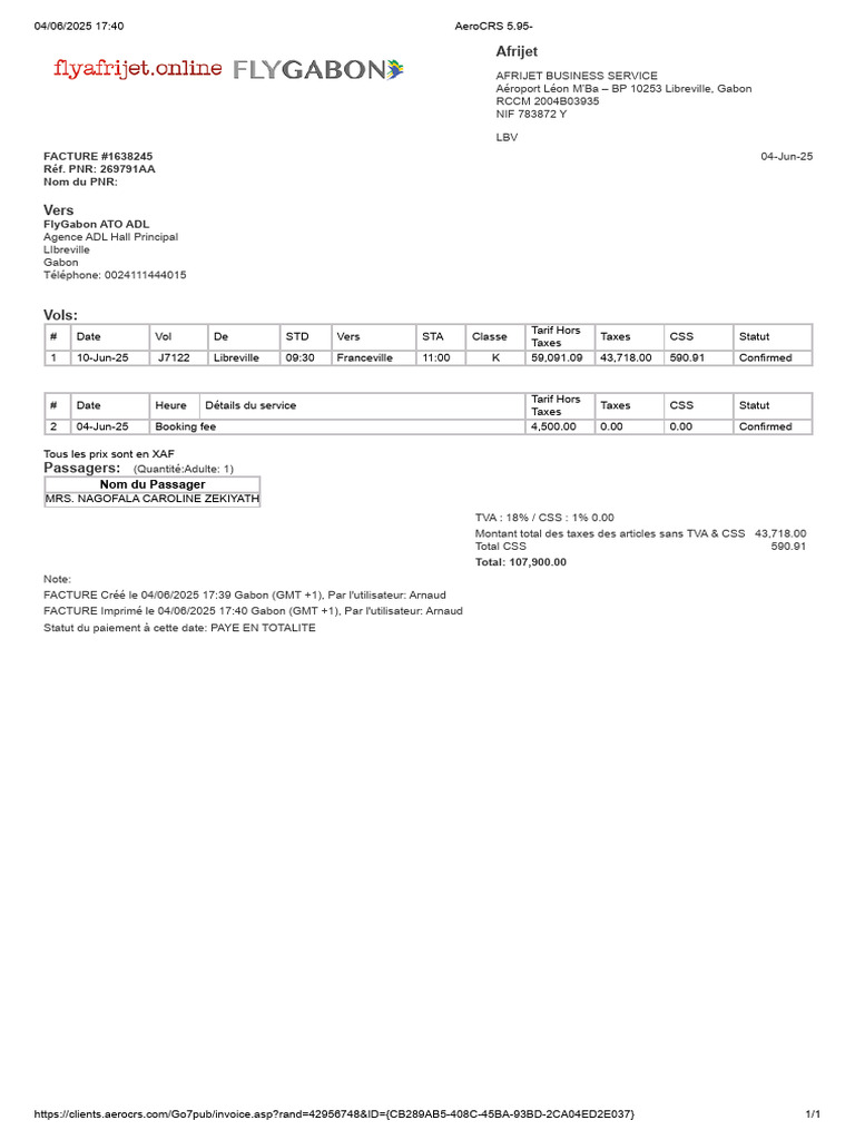 Facture de vol Afrijet - PNR 269791AA | PDF